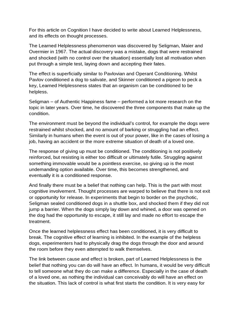 Learned Helplessness Cognition | PDF | Classical Conditioning ...