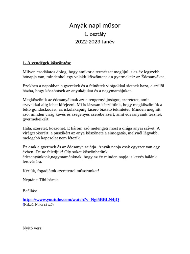 Anyák Napi Műsor | PDF