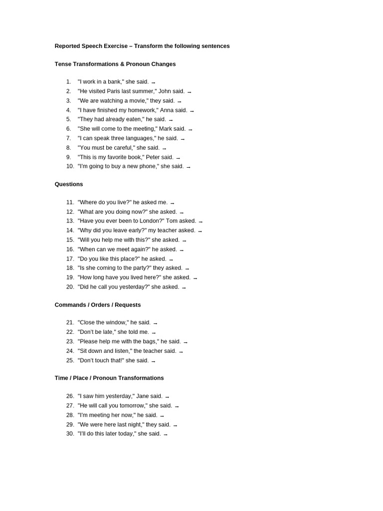 Reported Speech Exercises | PDF