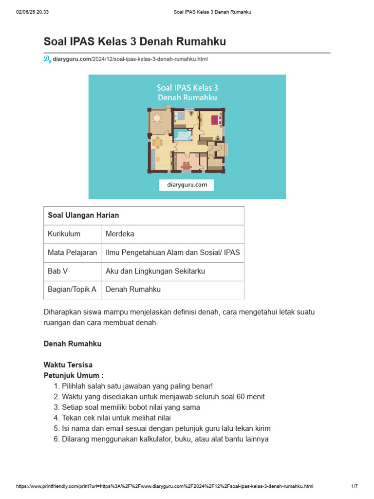 Soal IPAS Kelas 3 Denah Rumahku | PDF