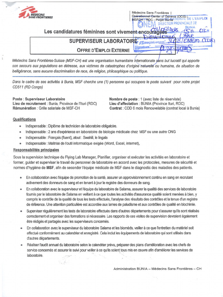 Superviseur Labo Bunia | PDF