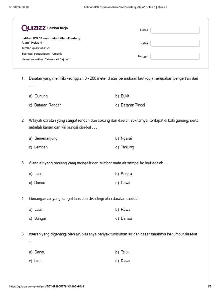 Latihan IPS - Kenampakan Alam - Bentang Alam - Kelas 4 - Quizizz | PDF