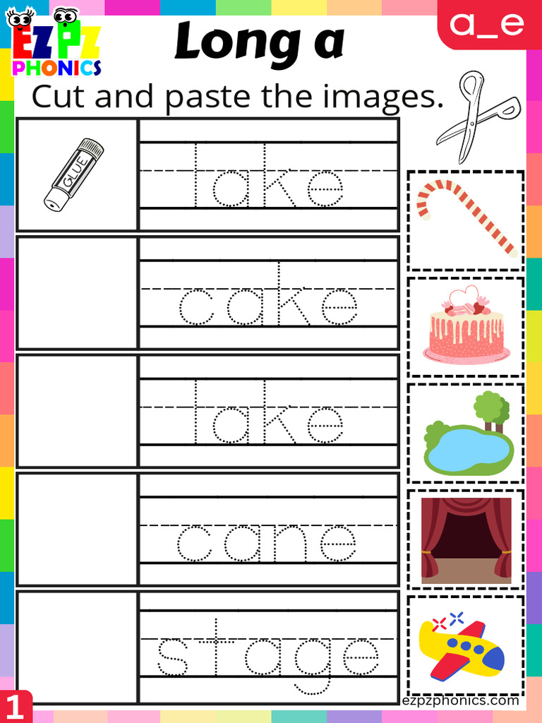 1 Group1 A - E Words Cut and Paste The Images Long A Phonics Worksheet ...
