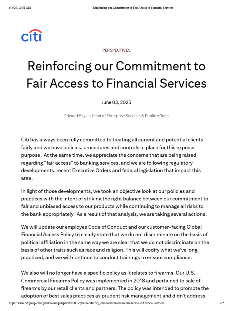 Citi Group: Reinforcing Our Commitment To Fair Access To Financial ...