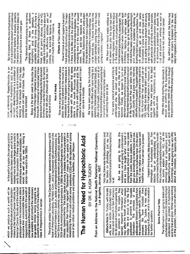 DR E. Hugh Tuckey: The Human Need For Hydrochloric Acid | PDF