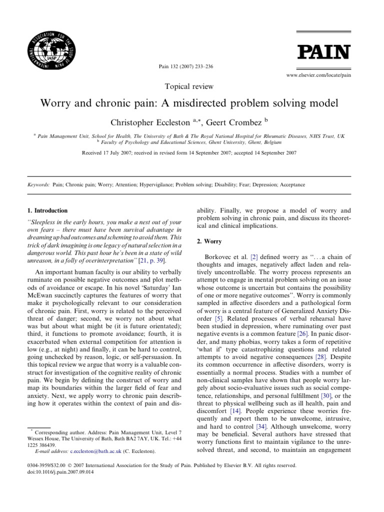 2007 - Worry and Chronic Pain A Misdirected Problem Solving Model | PDF ...