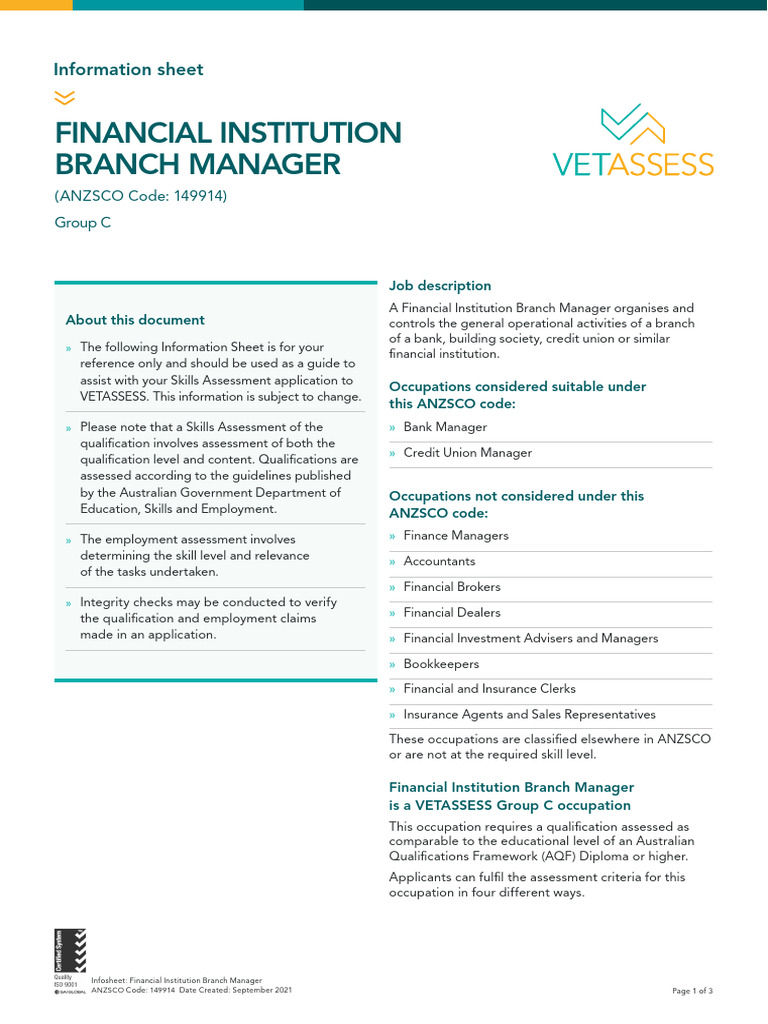 Information Sheet - Financial Institution Branch Manager | PDF | Diploma | Business