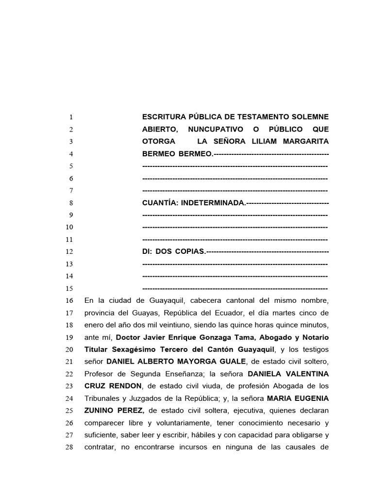 Testamento Solemne de Liliam Bermeo | PDF | Ecuador | Derecho Civil ...