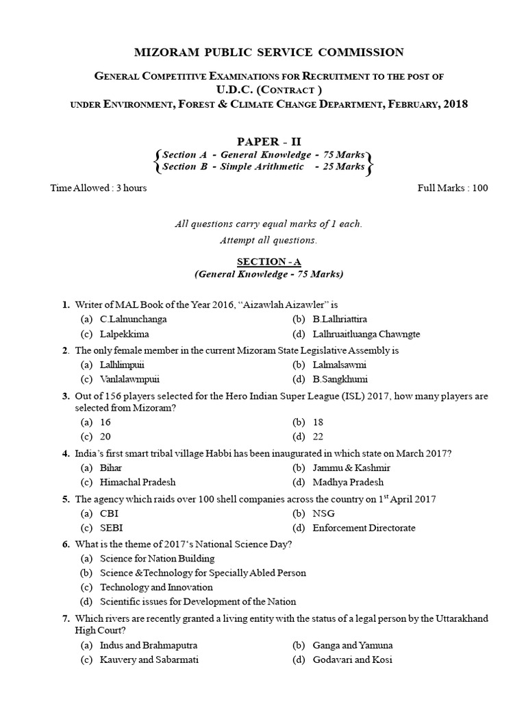 Mizoram UDC Exam Paper II 2018 | PDF | Percentage | Interest