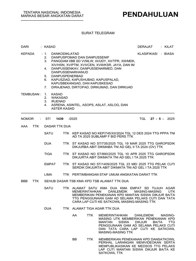 ST Penekanan Pelaks Cuti Serdik Dikma Dan Dikjur Ba Ta | PDF