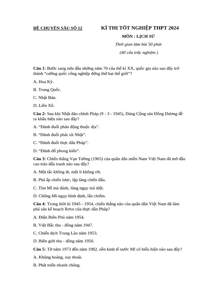 Đề Chuyên Sâu Số 12 Kì Thi Tốt Ngh | PDF