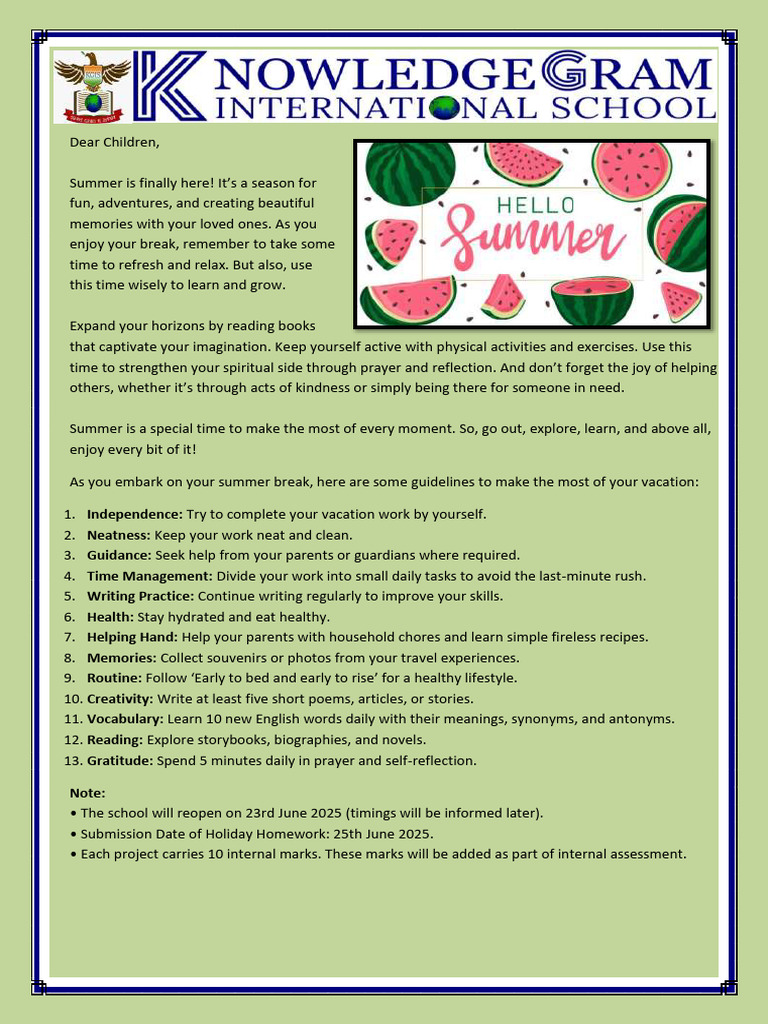 Summer Holiday Homework Grade IV | PDF