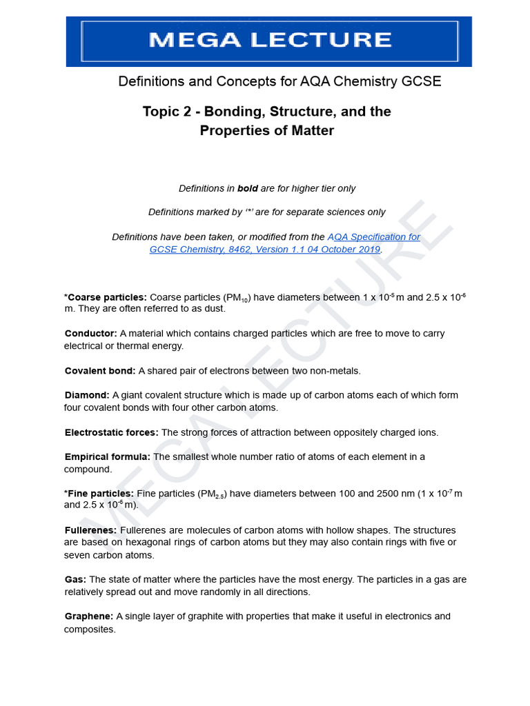 Definitions Topic 2 Bonding Structure And The Properties Of Matter Aqa Chemistry Gcse 1 Pdf