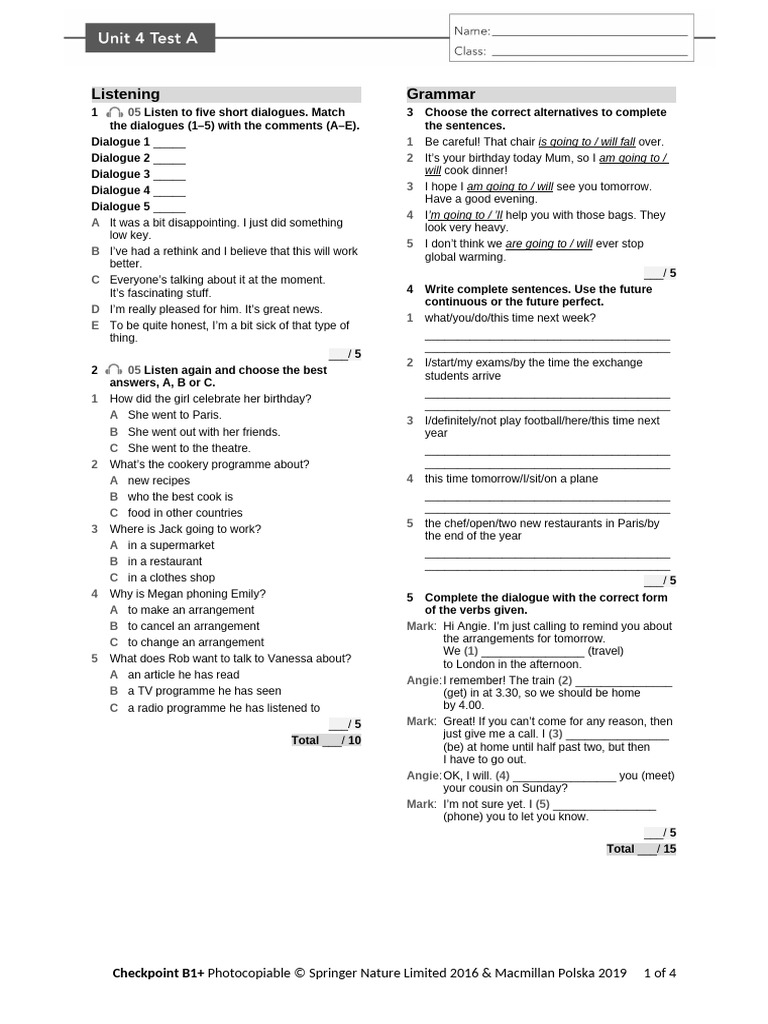 Checkpoint B1+ Unit 4 Test A | PDF | Restaurants | Waiting Staff