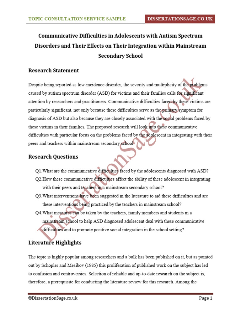 Dissertation Sage Topic Brief Sample 2 | PDF | Autism | Mental Disorder