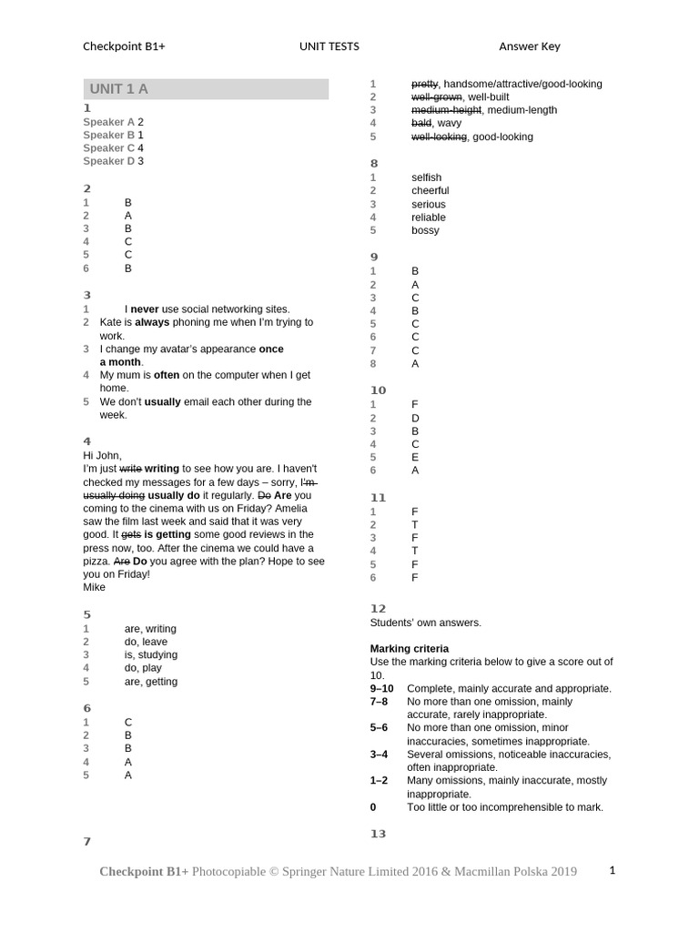 Checkpoint B1+ Unit Tests Answer Key | PDF