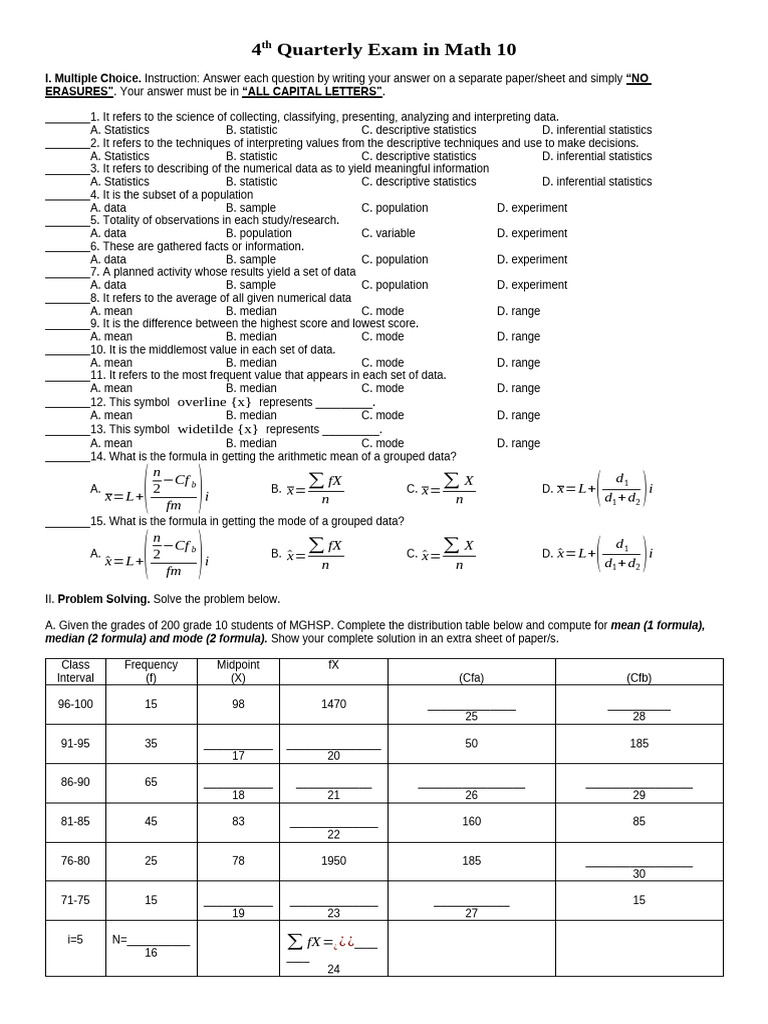 4th Quarter Exam-Math 10 | PDF | Statistics | Mean