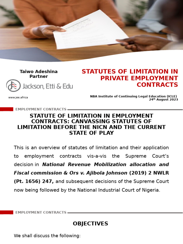 Taiwo Adeshina - Nba-icle Presentation on Limitation of Action in Employment Contracts_v3 | PDF ...