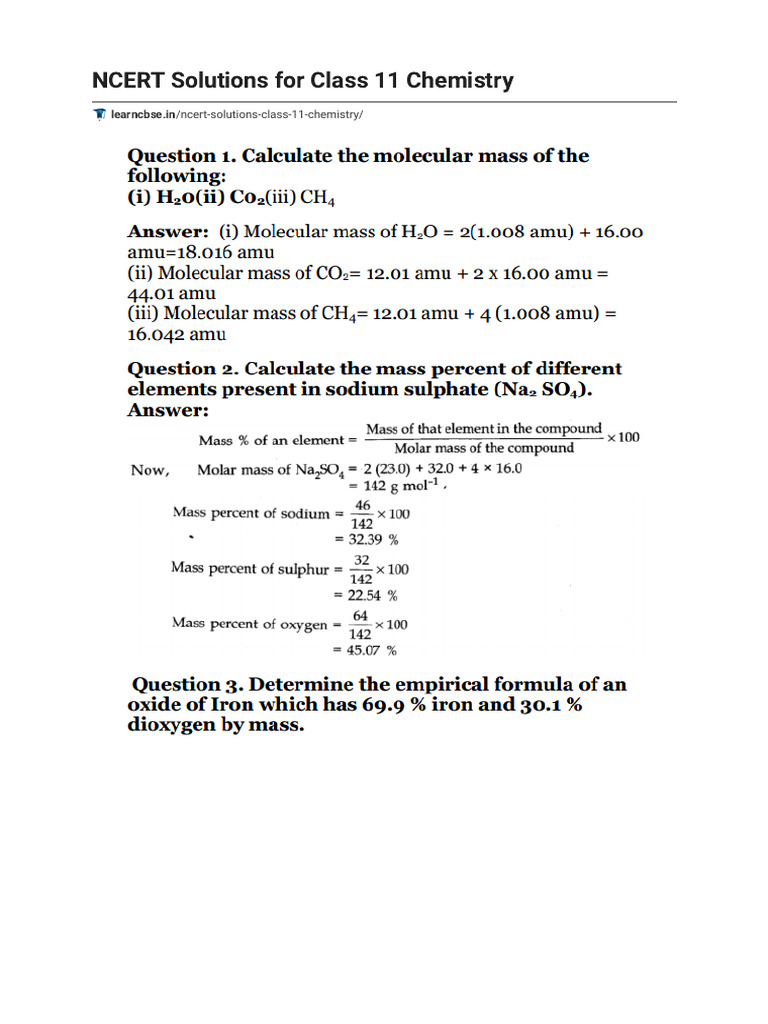 NCERT Class 11 Chemistry Solutions | PDF
