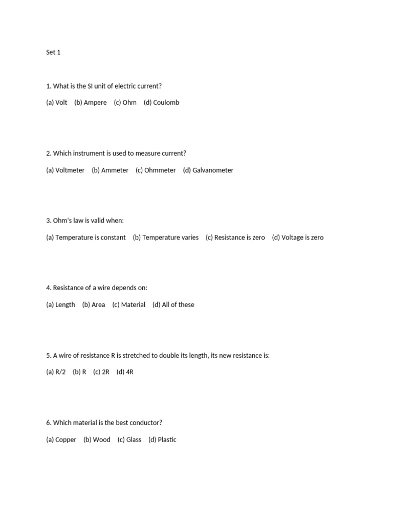 Current Electricity Mcq Set 1 | PDF