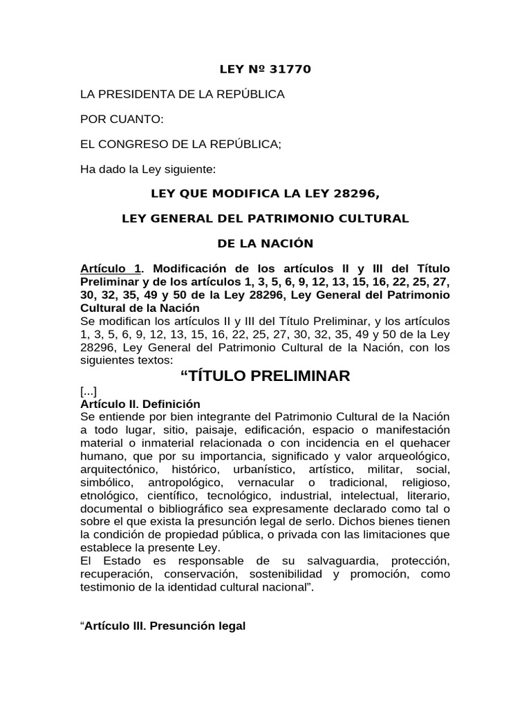 Ley #31770 | PDF | Patrimonio cultural | Bienes (Ley)