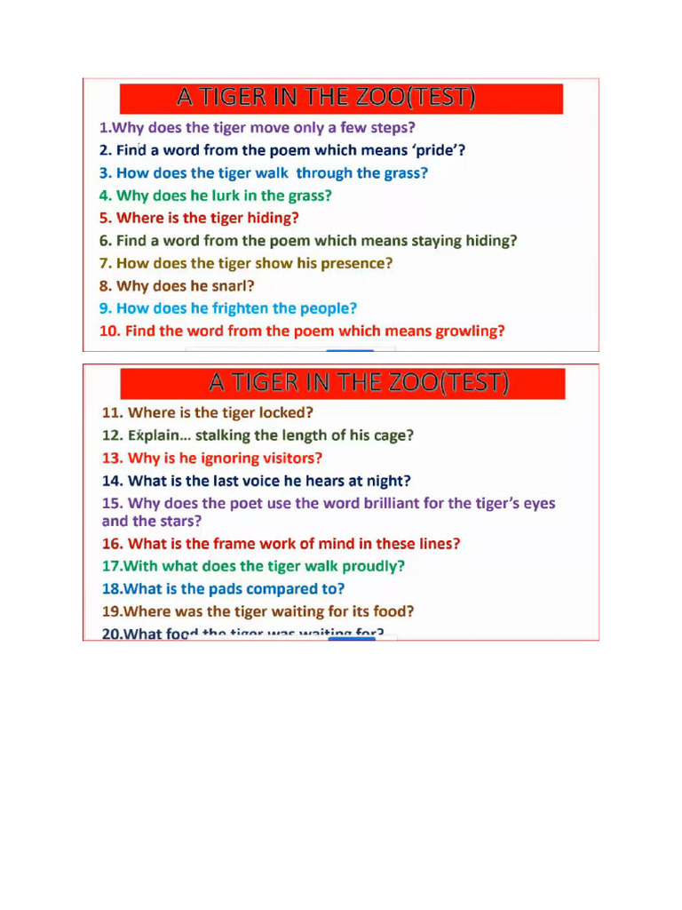 Test Questions Tiger in The Zoo | PDF