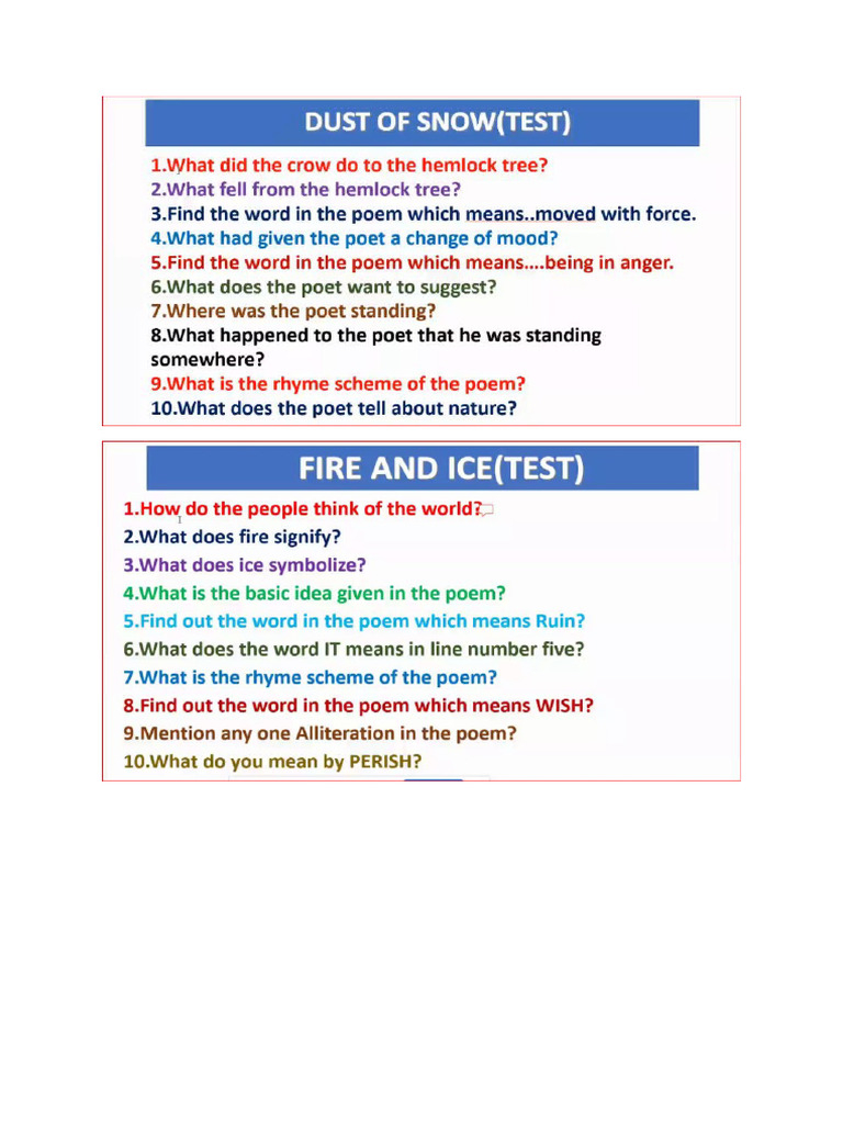 Test Questions Dust of Snow & Fire and Ice | PDF