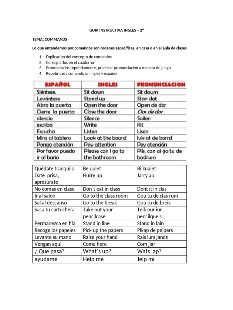 Comandos en Inglés para el Aula | PDF