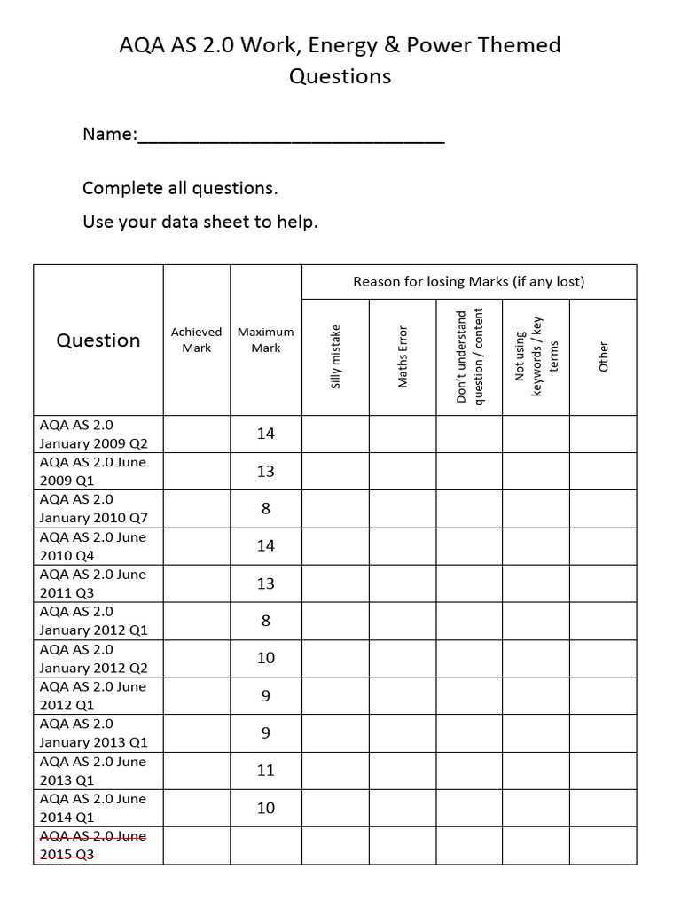 AQA As 2.0 Work Energy & Power Questions | PDF | Force | Potential Energy