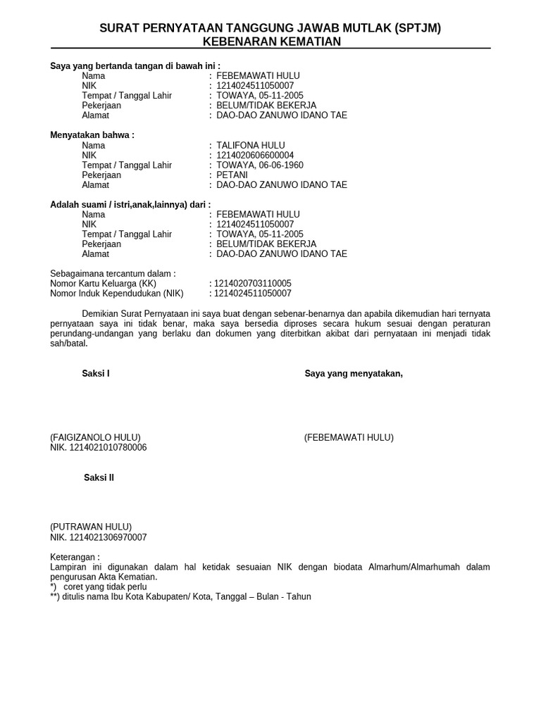 Format SPTJM Kematian | PDF