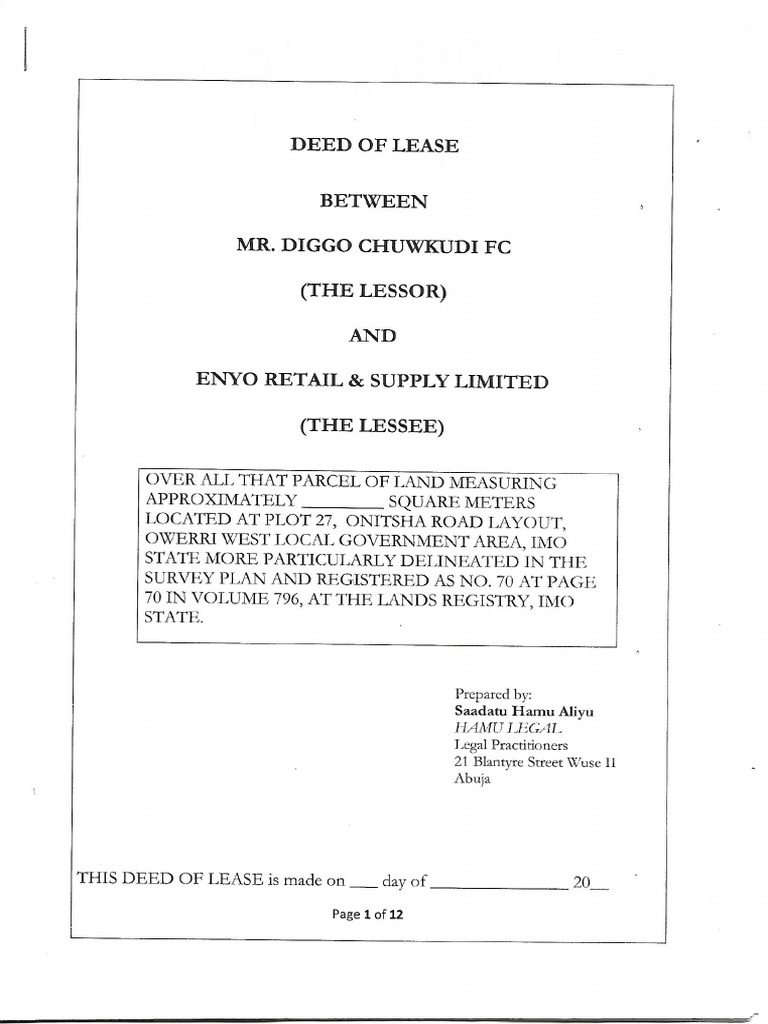 Deed of Lease BTW Giggo Chukwudi & Enyo | PDF