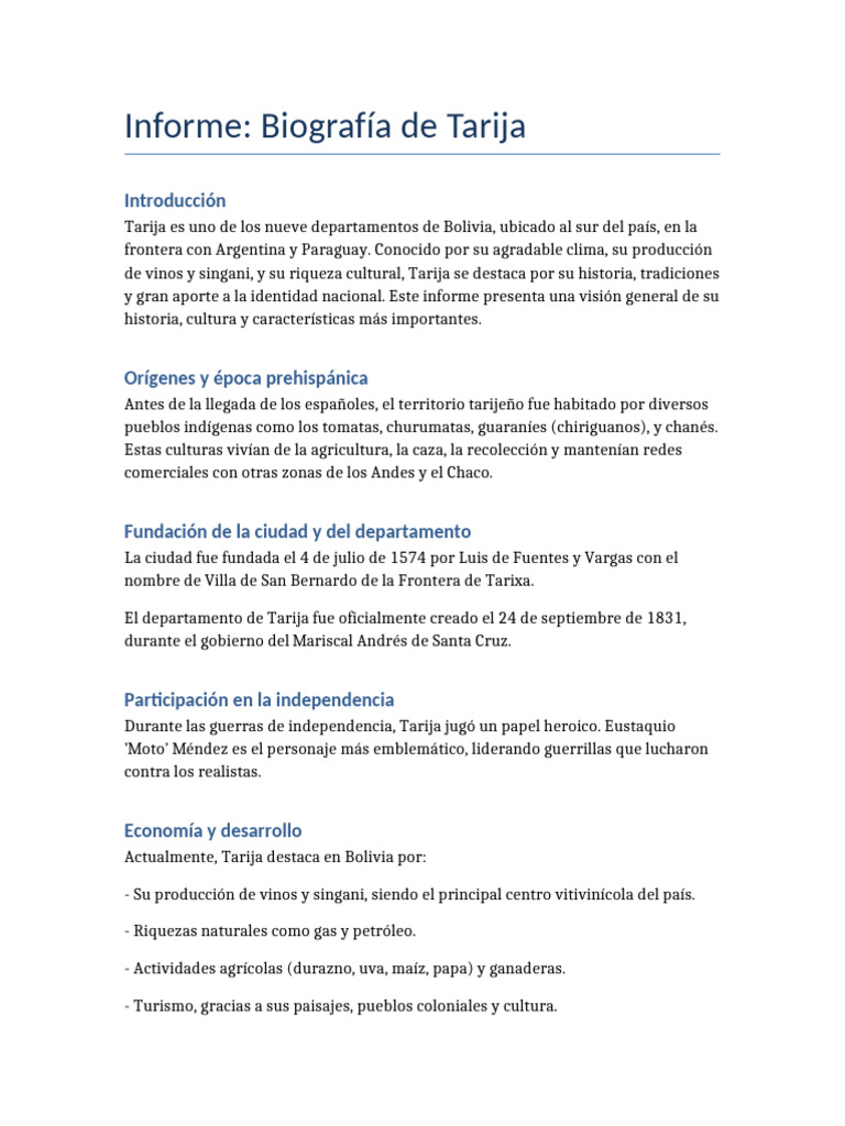 Informe Biografia de Tarija | PDF