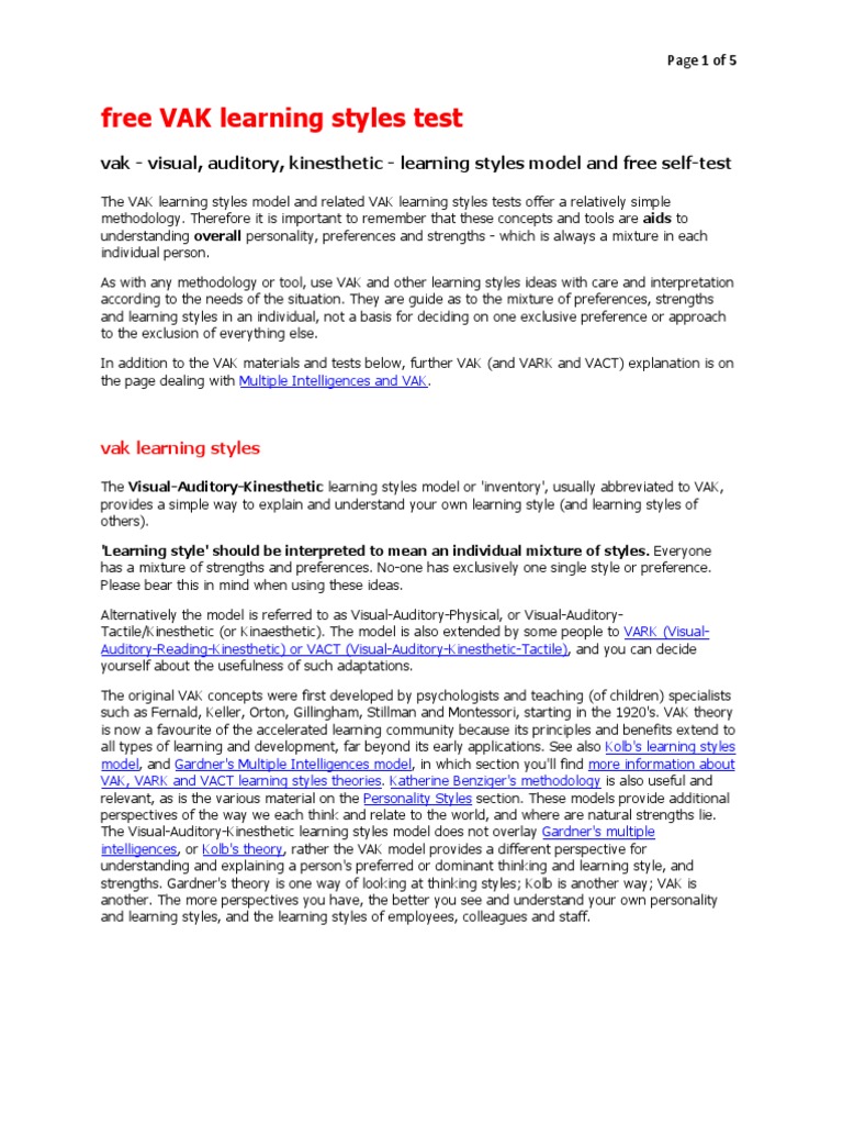 Free VAK Learning Styles Test | PDF | Learning Styles | Pedagogy