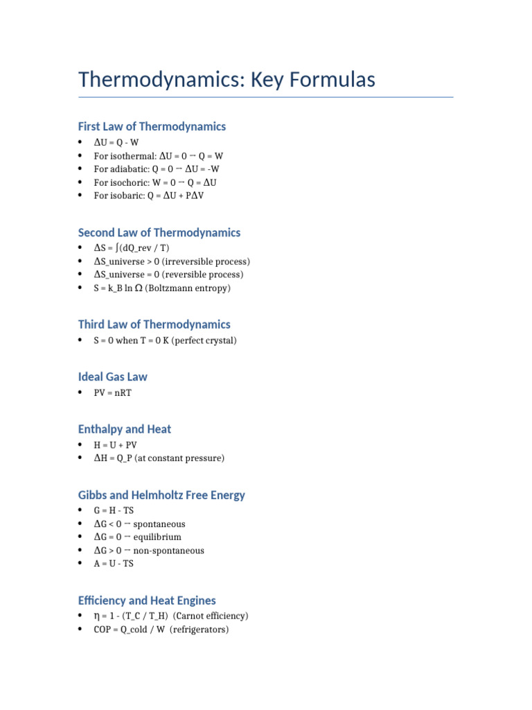 Thermodynamics Formula Sheet | PDF
