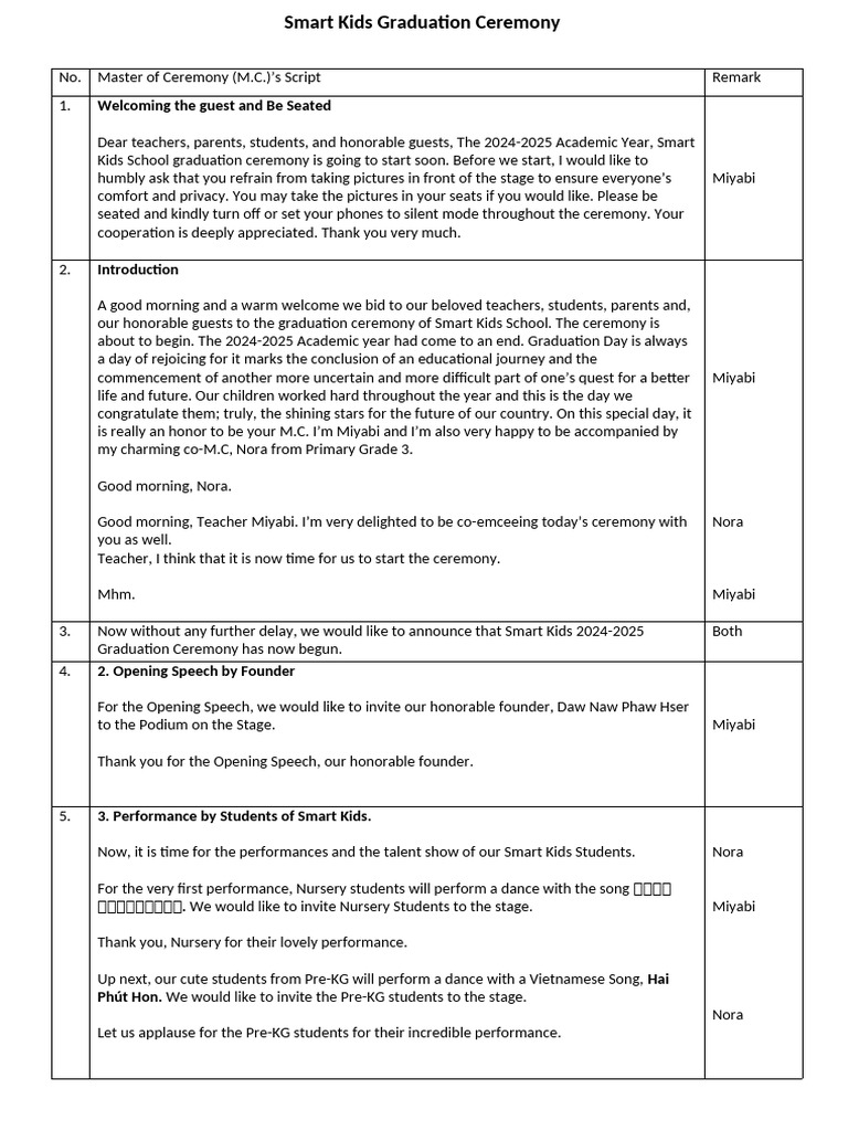 2024 2025 Smart Kids Graduation Ceremony MC Script by Miyabi | PDF | Ceremonies