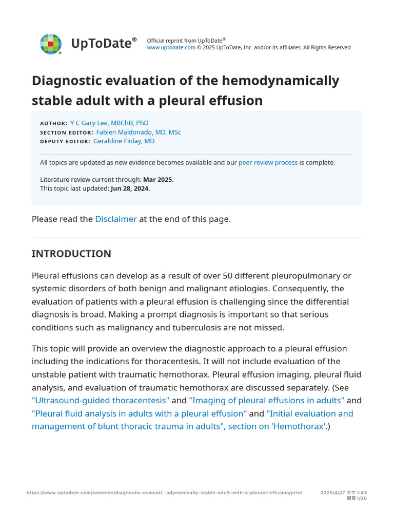 Pleural Effusion Analysis Uptoate | PDF | Biopsy | Respiratory Diseases