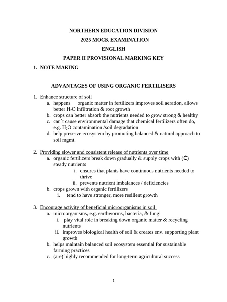 English Form 4 Mock Paper II Marking Key | PDF | Soil | Fertilizer