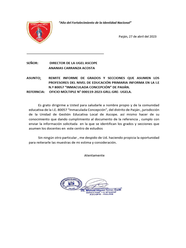 Oficio Remite Informe de Grados y Secciones | PDF