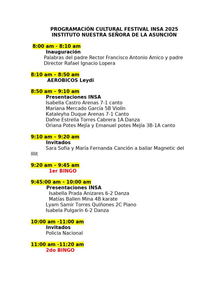 Programación Cultural Festival Insa 2025-1 | PDF