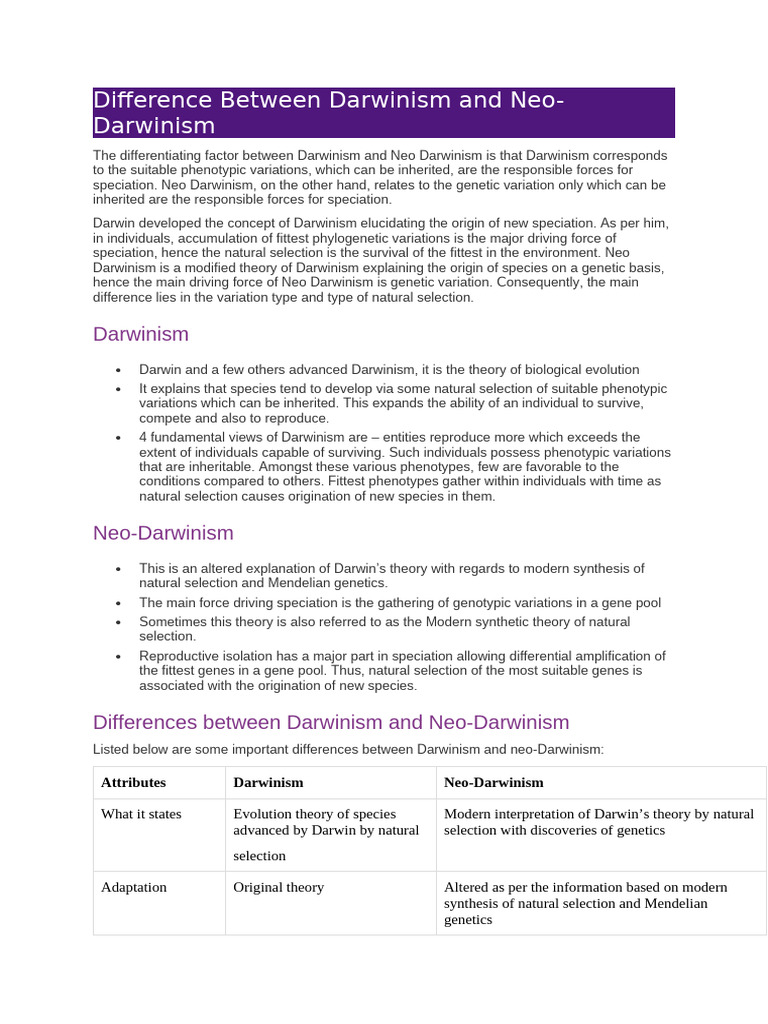 Difference Between Darwinism and Neo | PDF | Natural Selection ...