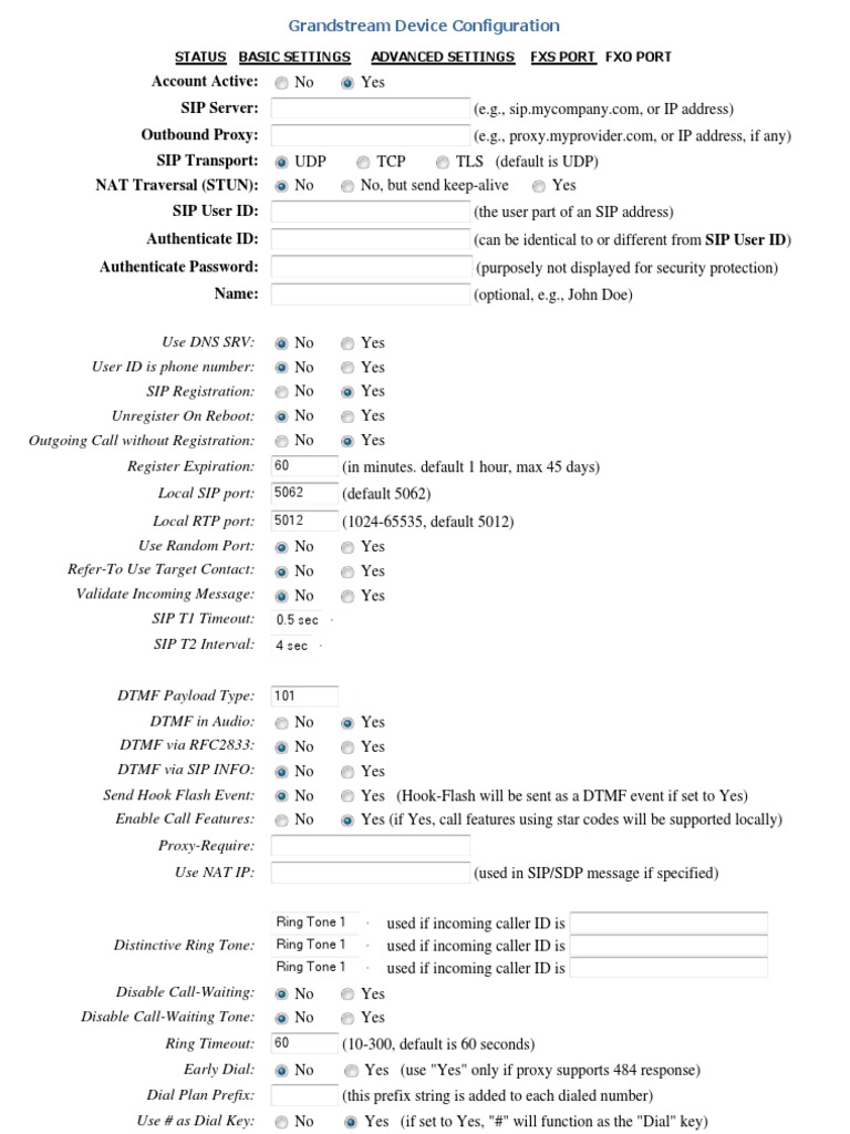 Account Active: SIP Server: Outbound Proxy: SIP Transport: NAT ...