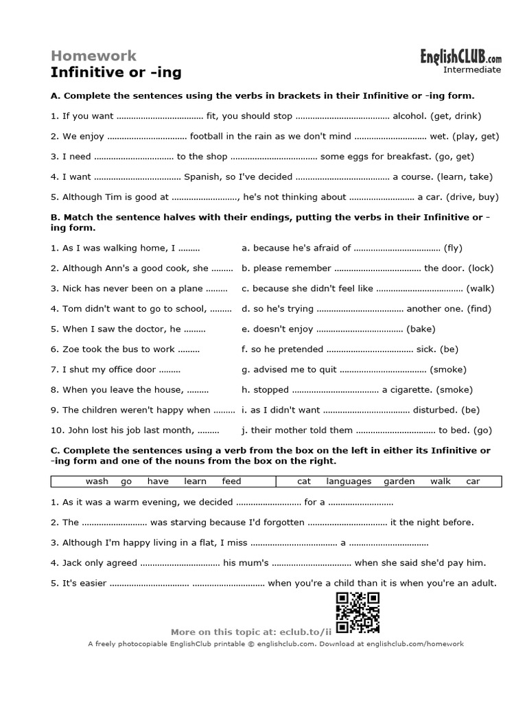Homework Infinitive or Ing | PDF | Language Families | Language Mechanics