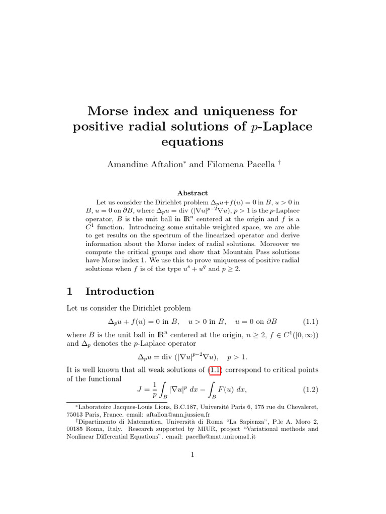 Aftalion A., Pacella F. - Morse Index and Uniqueness For Positive Radial Solutions of P-Laplace ...