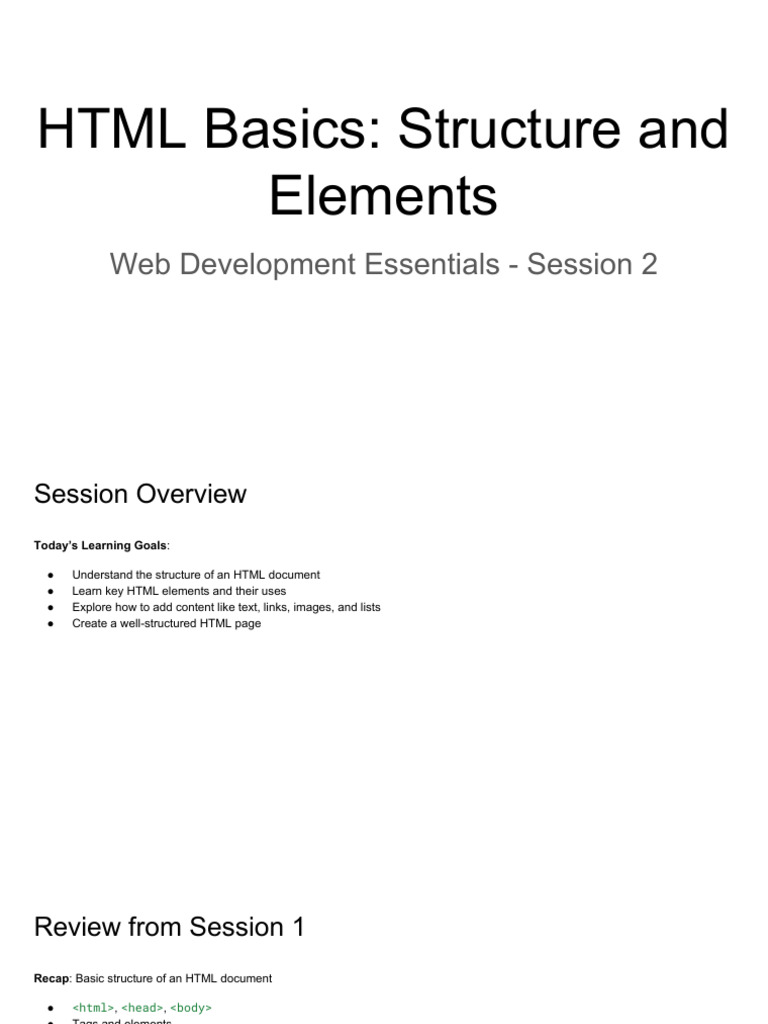 Session 2 HTML Basics Structure and Elements | PDF | Html | Html Element