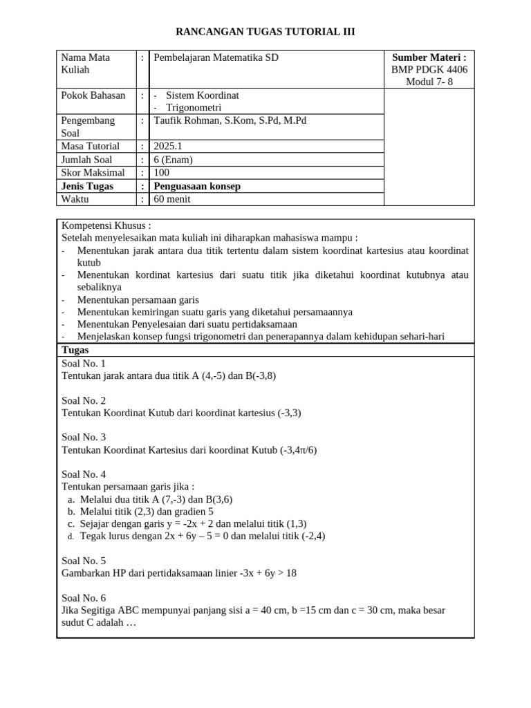 Rancangan Tugas Tutorial III Matematika SD | PDF