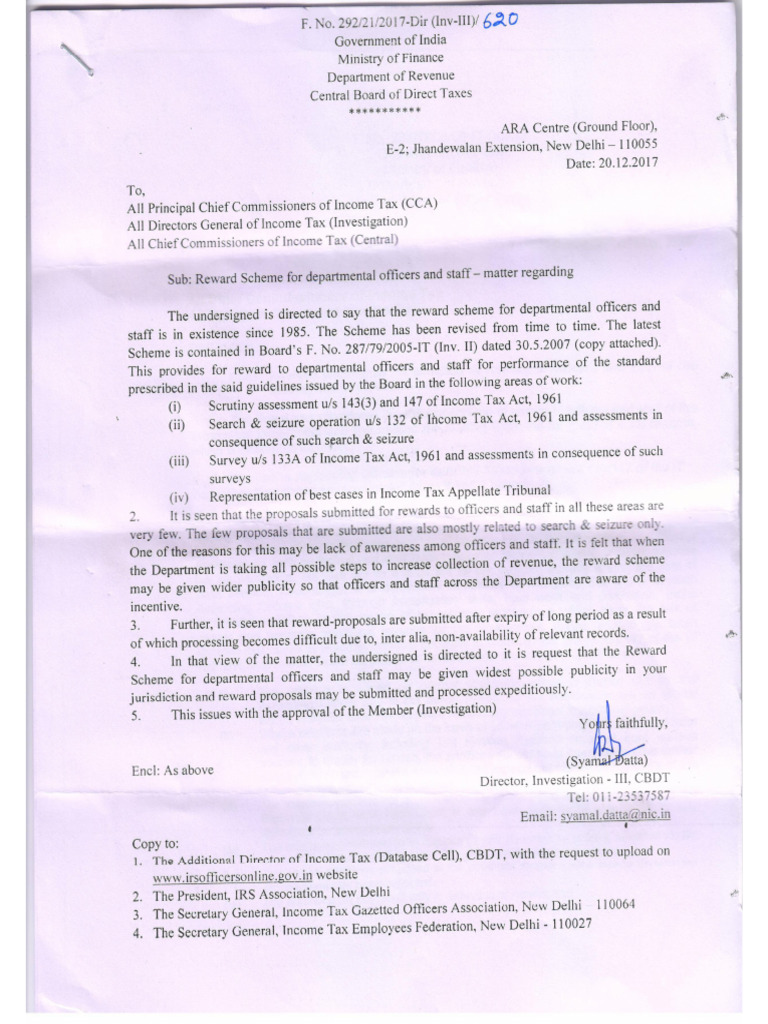 Reward Scheme For Officers and Officials of Income Tax Department | PDF