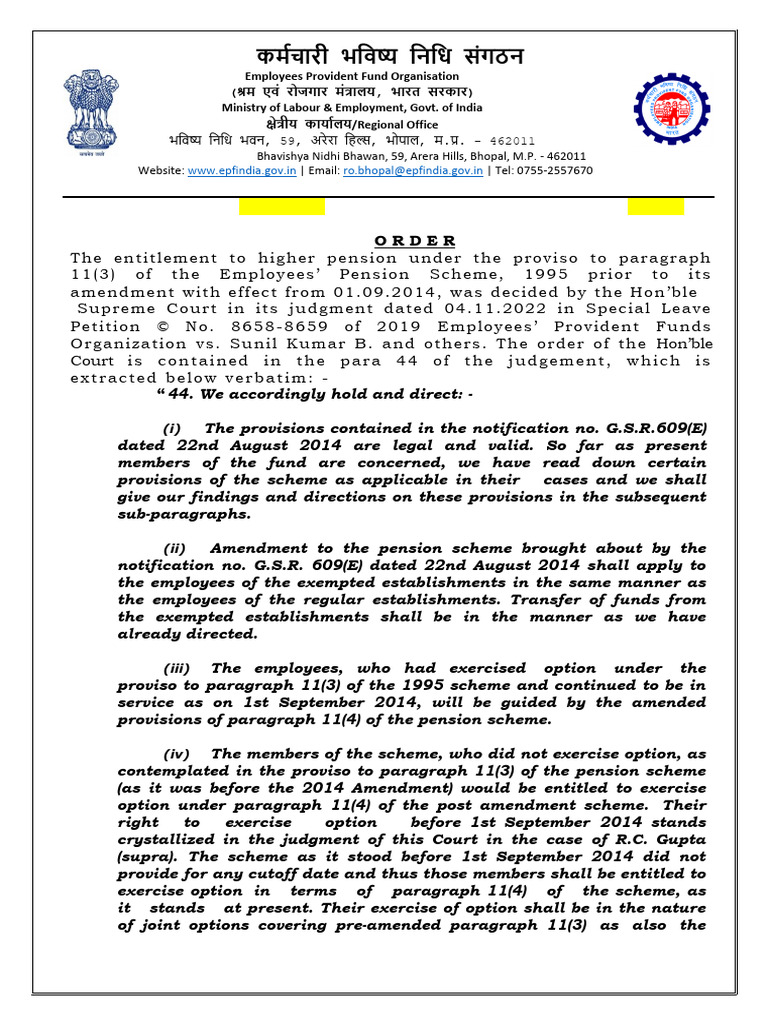 EPFO Higher Pension Order Summary | PDF | Governance | Employment ...