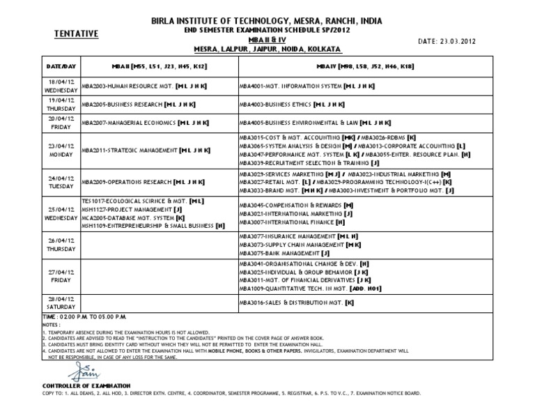 MBA End Semester Exam Schedule 2012 | PDF