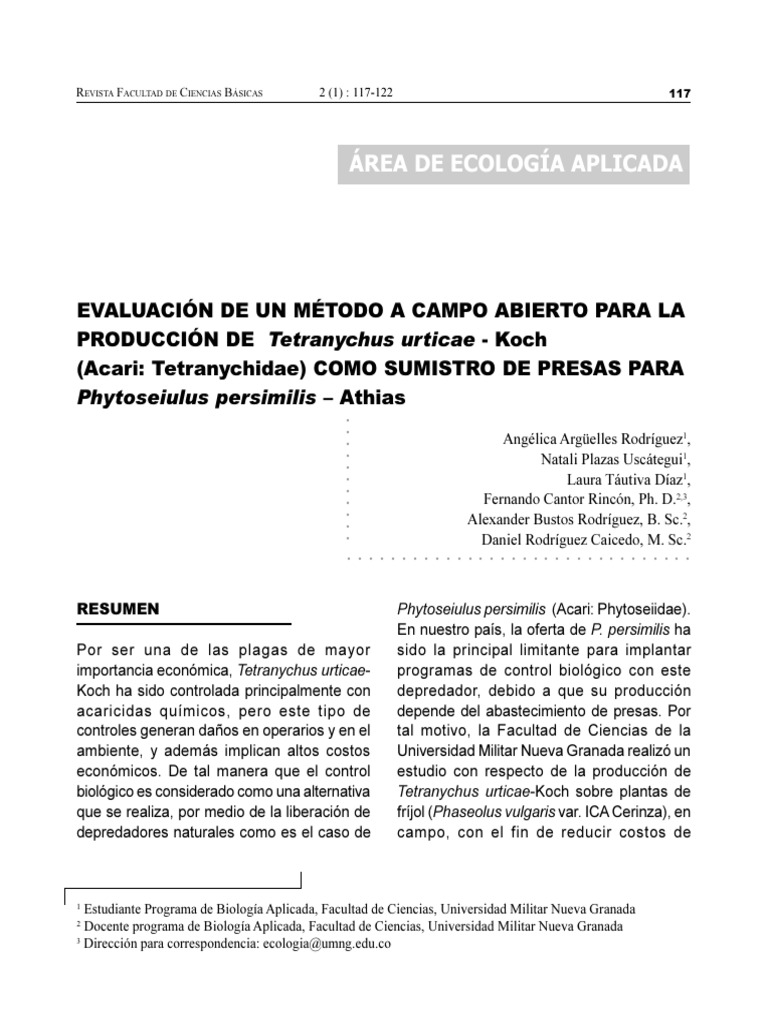 Evaluacion de Un Metodo de Cria de Arana Roja Como Suministro de Presas ...