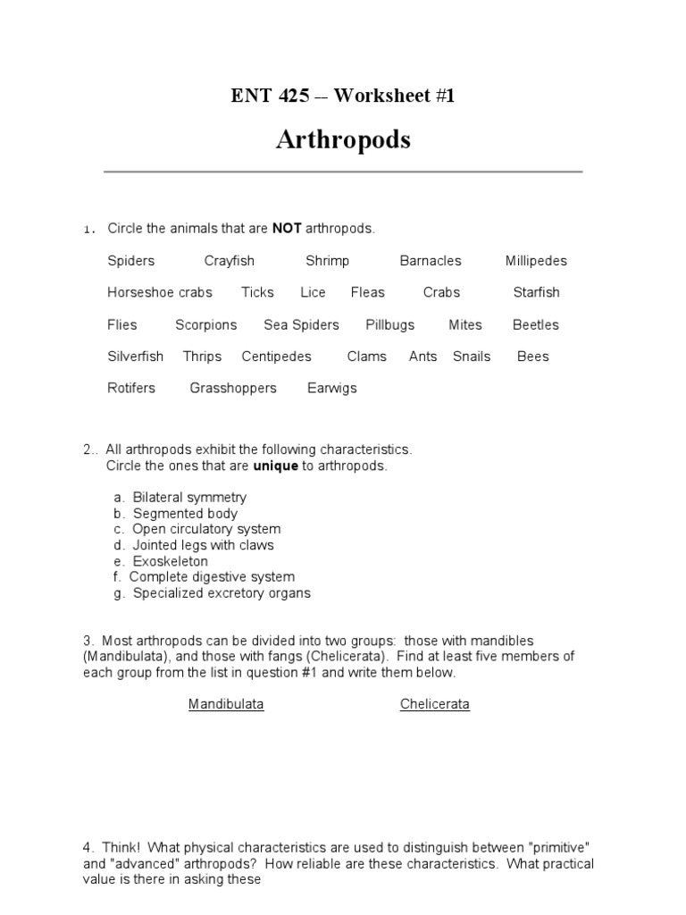 Arthropods: ENT 425 - Worksheet #1 | PDF | Insects | Predation